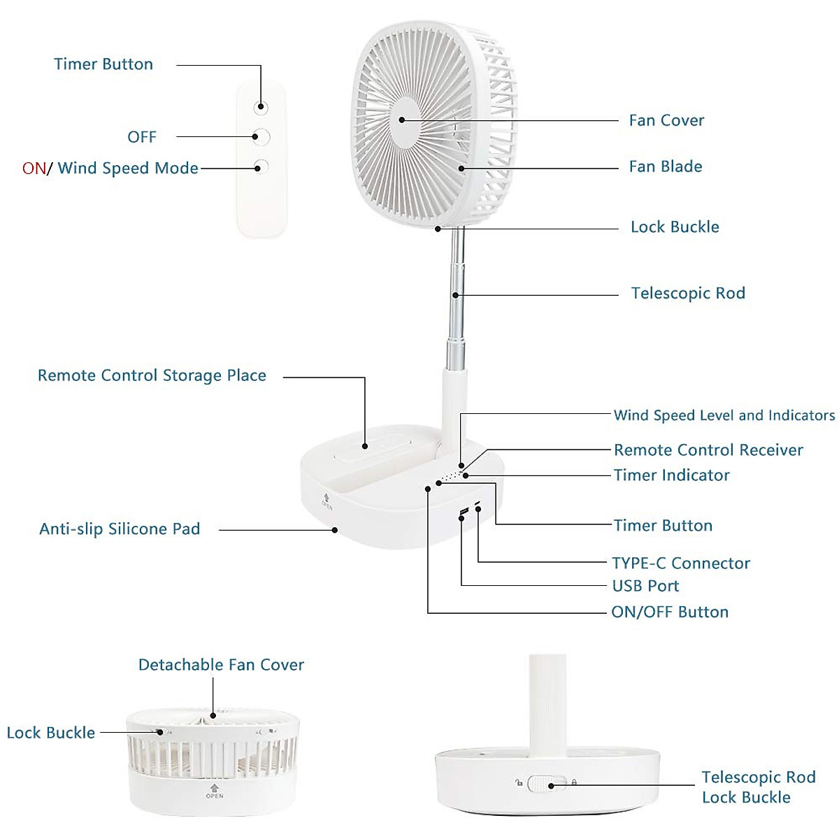 Portable Foldable Desk Table Fan, Pedestal Floor Fans with USB Rechargeable Battery Operated, Quiet Standing Fans for Home Bedroom Office Travelling Camping, White (Remote Control Included)
