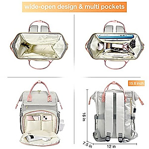 Waterproof Anti-theft Travel Laptop Backpack, Nurse Bags Teacher Purse with USB Charging Port, Fit 15.6 Inch Laptop Backpack for Women, Grey Pink