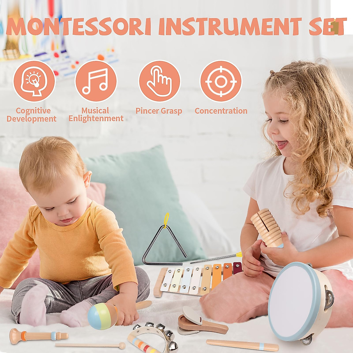 Baby Musical Instruments Set - Montessori Wooden 18 Month Old Baby Musical Toys Toddler Percussion Instruments Xylophone Maracas Tambourine for Kids, 2 3 4 Year Old Girls Boys Easter Birthday Gifts