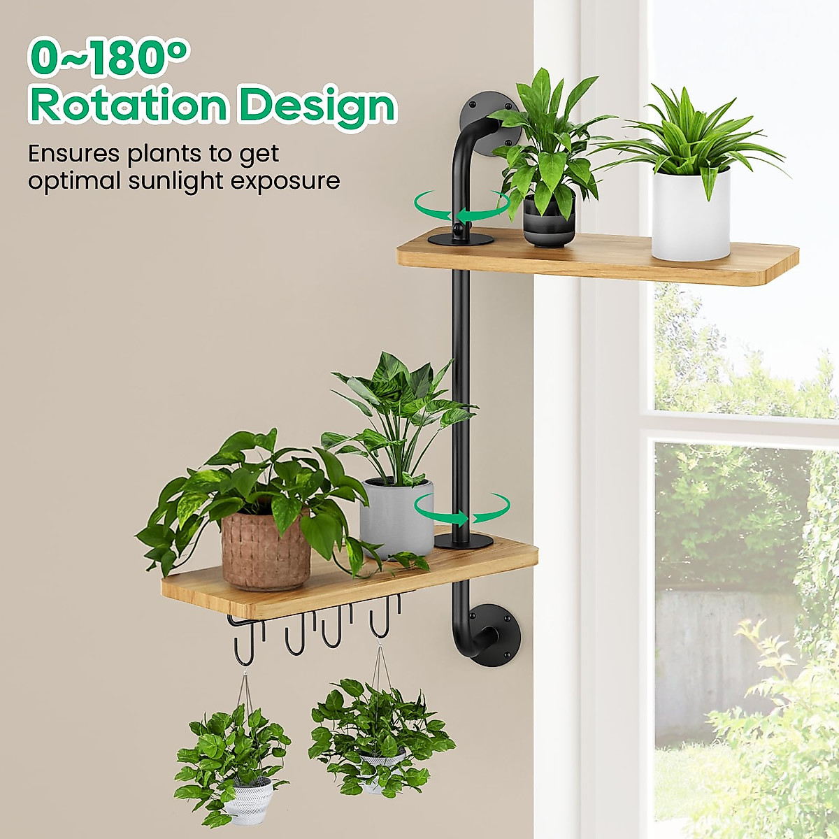 THYGIFTREE Window Plant Shelves 2-Tier Rotating Plant Display Holder Wall Mounted Pipe Swivel Plant Stand Rustic Floating Shelves for Houseplants Herbs, Wood