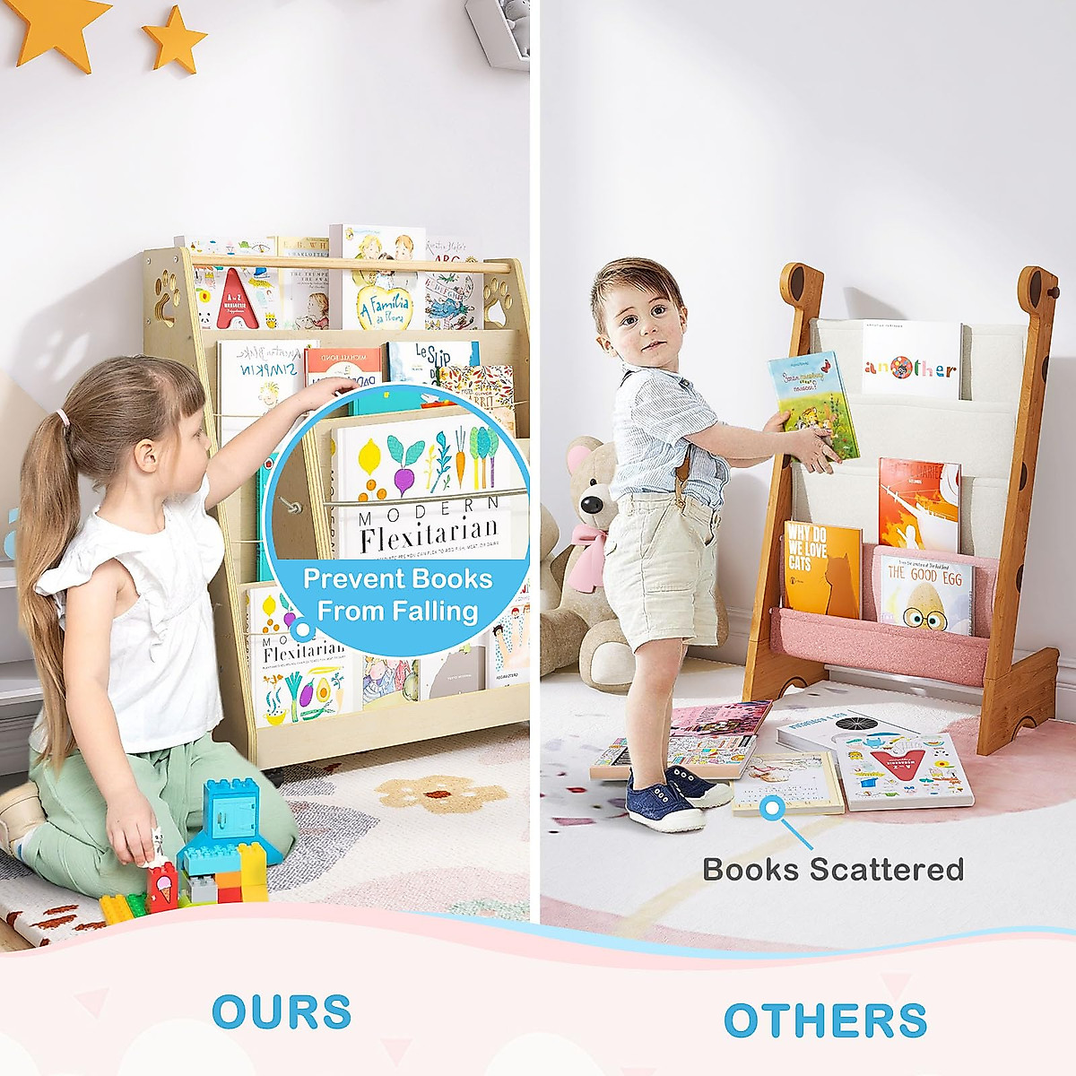 Homsailei Double-Sided Kids Bookshelf, 4 Tier Montessori Bookshelf with Wheels, Kids Storage Book Display Rack and Toy Organizer Cabinet for Bedroom,Study Living Room,Nursery,Classroom