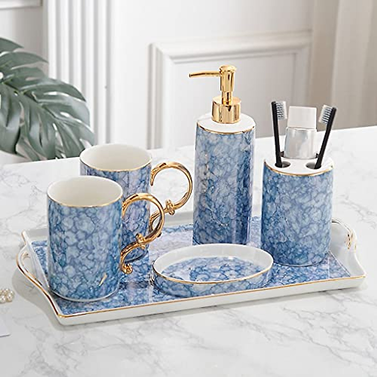 YAYA2021-SHOP Soap Bottles European Style Bathroom Accessories Set Ceramic 6-Pieces Bath Sets Includes Soap Dispenser Toothbrush Holder Tumblers Soap Dish and Tray, Gold Rim Soap Dispenser