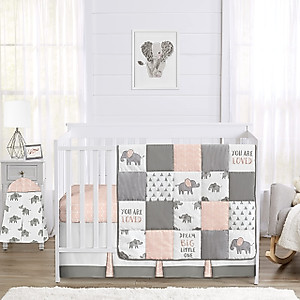 Sweet Jojo Designs Blush Pink, Grey and White Watercolor Elephant Safari Baby Girl Crib Bedding Set - 4 pieces