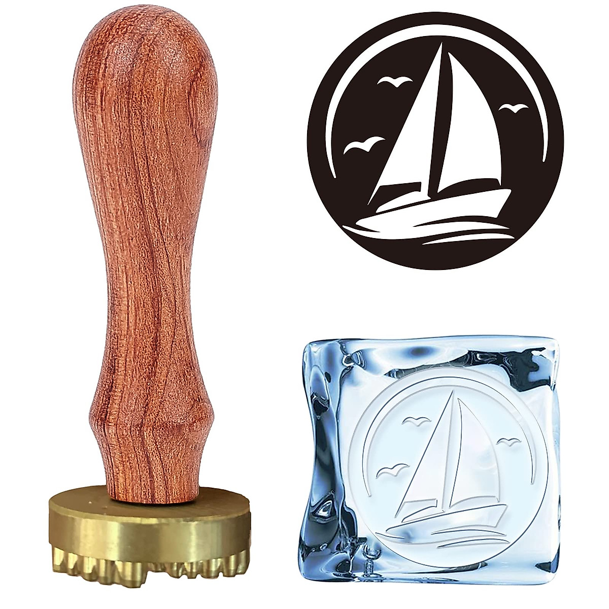 ORIGACH Sailboat Pattern Ice Stamp with Removable Brass Head & Wood Handle Ice Branding Stamp for Drinks Bar DIY Cocktail Martini Whiskey Mojito