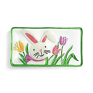 DEMDACO Bunny In Tulips Vibrant Green 15 x 8 Glass Easter Rectangular Platter