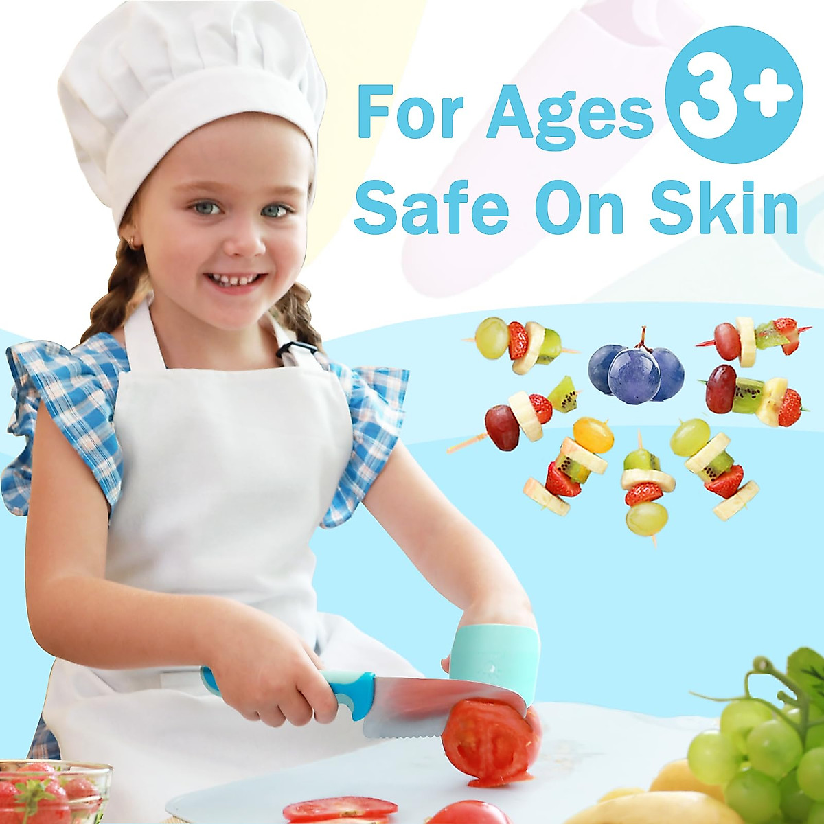 Kids Knife for Real Cooking, Montessori Children's Knife with Firm Grip, Stainless Steel Kids Safety Chef Knife with Finger Guard, Round Tip, Serrated Edges, BPA-Free (Blue)