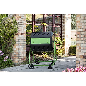 FCMP Outdoor HOTFROG Mobile 43-Gallon Dual Chamber Continuous Tumbling Composter with Wheels - Outdoor Rotating Garden Compost Bin, Black & Green