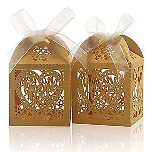 COTOPHER Laser Cut Boxes, 100pcs Thank You Gift Boxes Wedding Party Favor Boxes Lace Candy Boxes for Wedding Bridal Shower Baby Shower Birthday Party Decorations with Ribbons (Gold, 100)