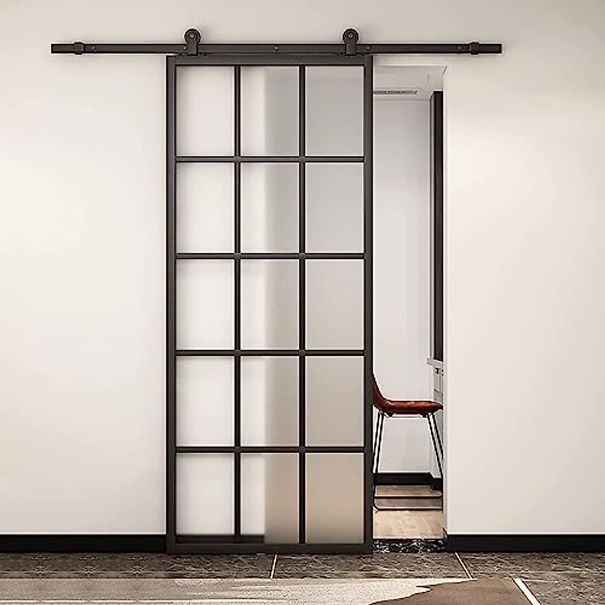 BARNSMITH 36in x 84in Frosted Glass Barn Door with 6.6FT Top Mounted Hardware kit Include Soft Close Mechanism DIY 15 Lites Modern Aluminum Frame Glass Sliding Barn Door Disassembled Easy Installation