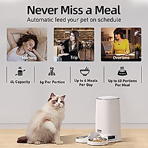 ROJECO Automatic Cat Feeders for 2 Cats, 4L Timed Cat Feeder Dog Dry Food Dispenser with Splitter and Desiccant Bag, Dual Power Supply and Low Food Alarms, 1-6 Meals and 1-60 Portion Smart Pet Feeders