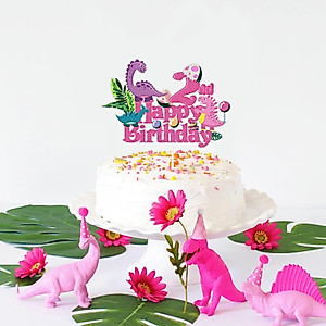 Pink Dinosaur Happy 2nd Birthday Cake Topper, Royal Princess Second Birthday Number 2 Girl Dinosaur Cake Pick,Dino Theme Baby Shower Kids Girls 2 Years Old Party Decorations