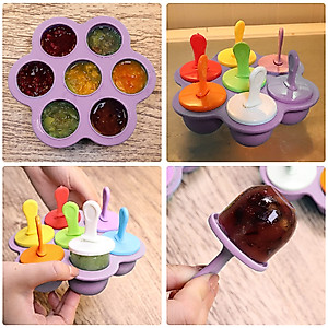 Silicone Popsicle Molds 7-cavity DIY Ice Pop Mold with Colorful Sticks For egg biting ice cream molds baby food storage containers non stick cake molds (Purple)