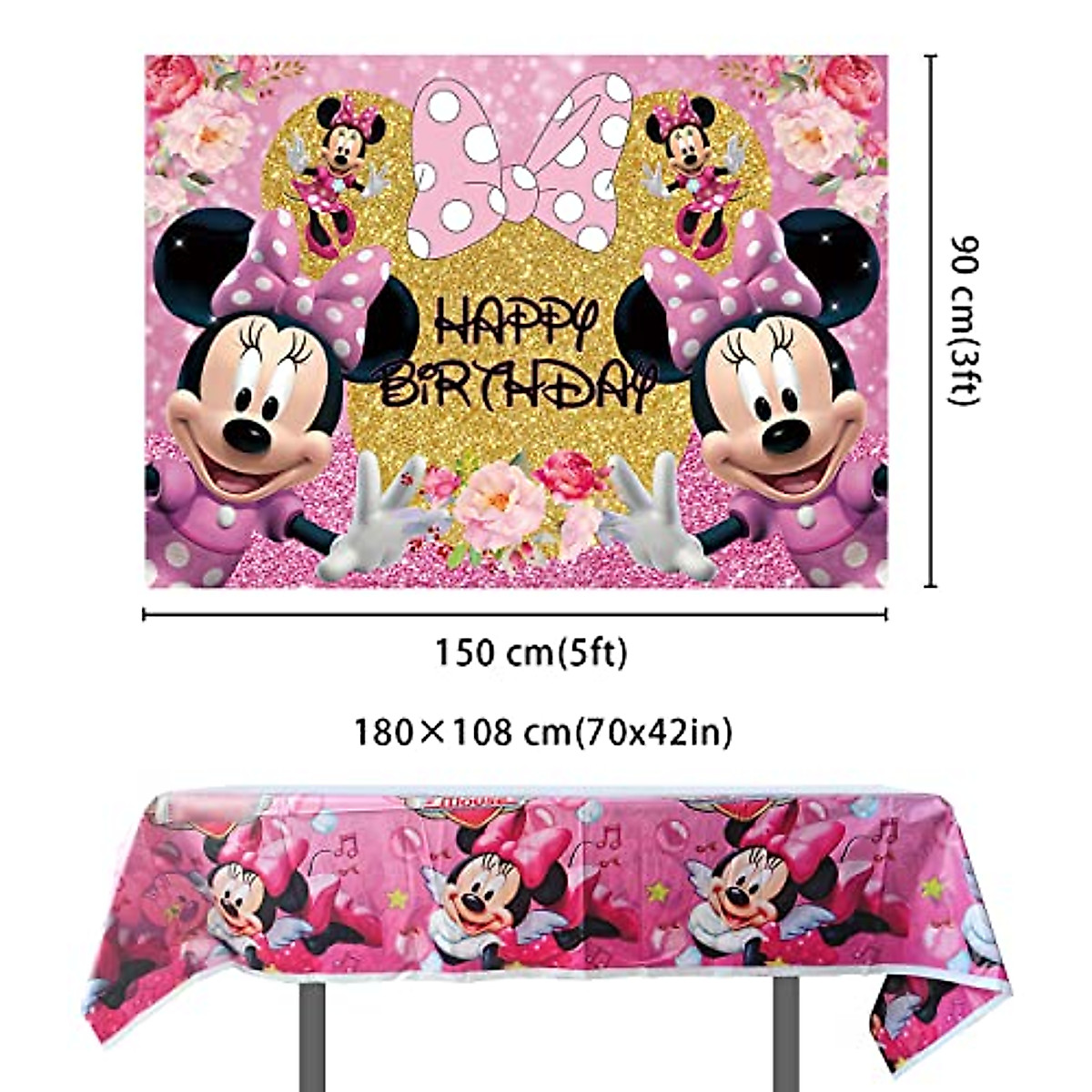 Pink Backdrop and Tablecloth for Girls Birthday Party Decorations Cartoon Birthday Party Photography Background Banner with Table Cover for Girls Party Supplies 5x3FT