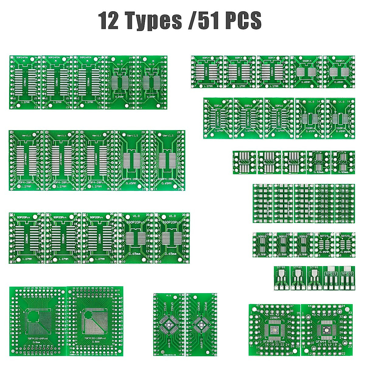KeeYees 12 Types SMD to DIP Adapter PCB Proto Board Kit SOP8 SOP10 SOP14 SOP16 SOP20 SOP24 SOP28 0402/0603/0805 SMT SOT89/SOT223 TQFP100 QFN32 QFN44/48 with 40pcs 2.54mm Pin Header