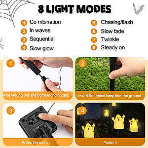 Threan 10 Pcs Halloween Pathway Light Decorations Solar Stake Lights LED White Light Decorative Solar Operated Stake String Lights IP44 Waterproof Outdoor for Yard Garden(Classic Ghost)