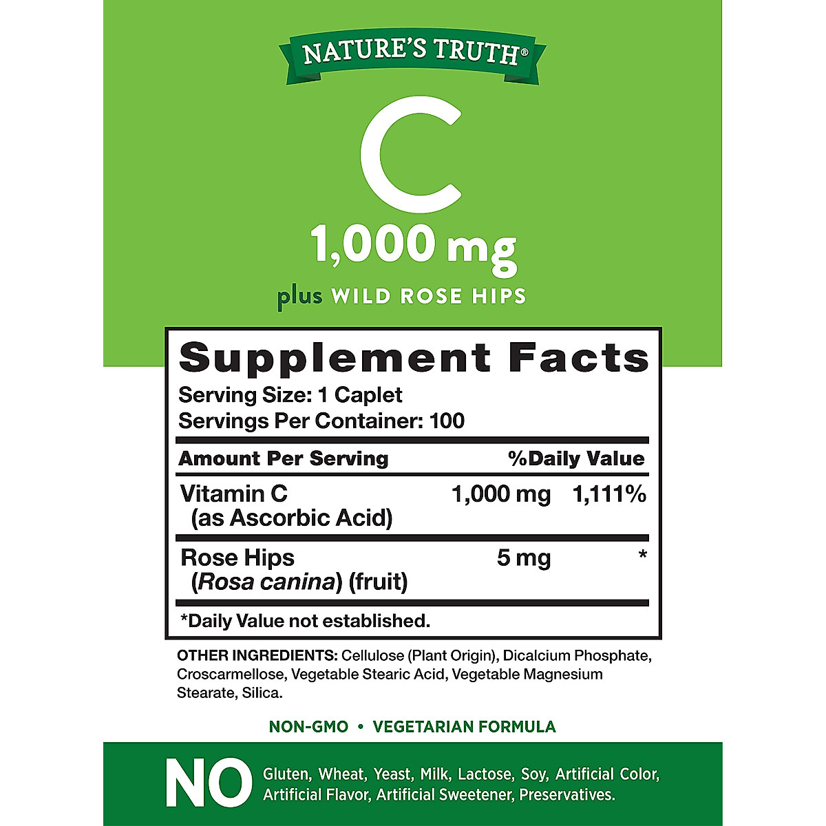 Vitamin C with Rose Hips 1000 mg | 110 Caplets Vegetarian, Non-GMO, Gluten Free | By Nature's Truth