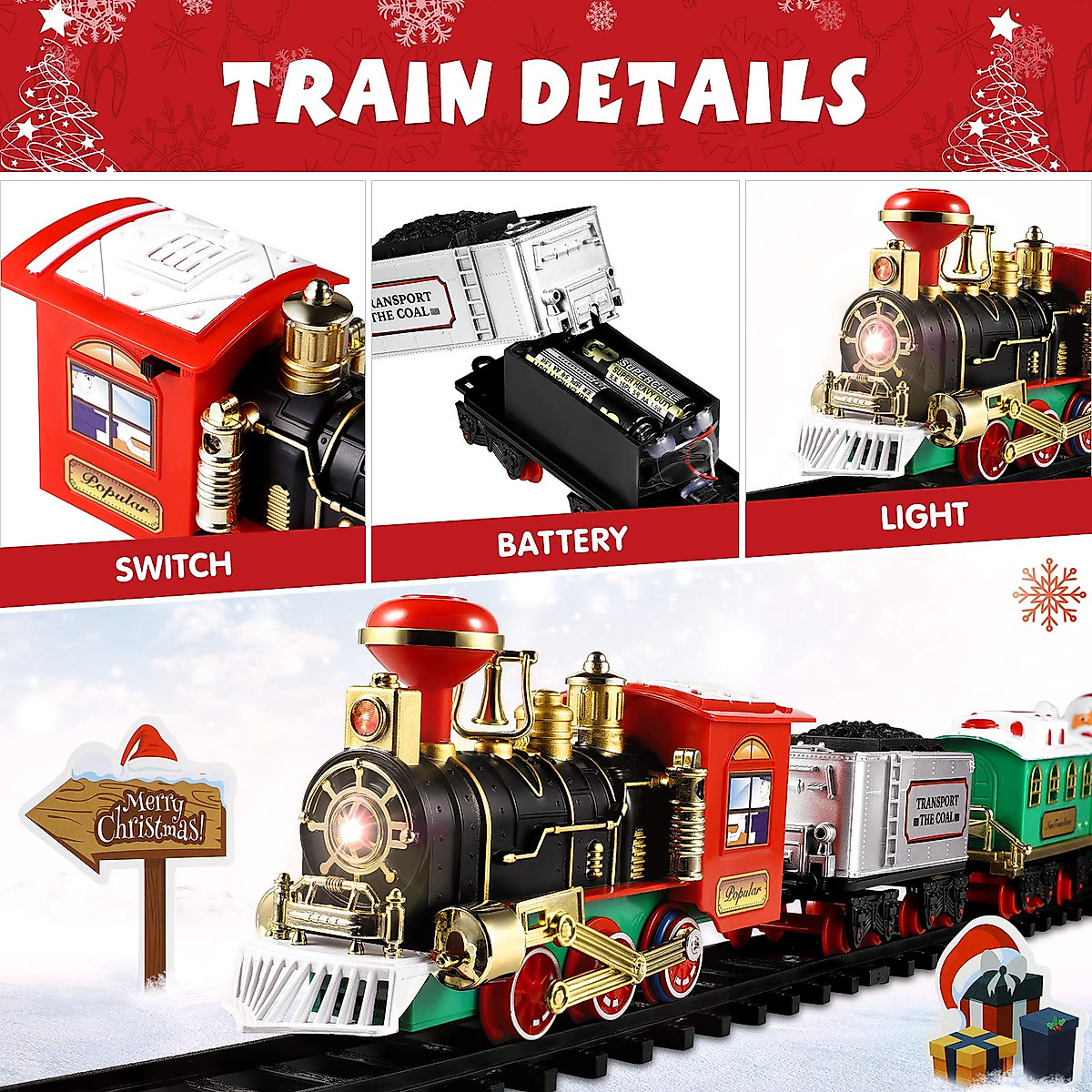 Toyvian Christmas Railway Train Set with 47.2" Railway Track & 4 Cars Lights and Sounds Railway,Battery Operated Locomotive Engine Play Set Electronic Toys Gift for Kids