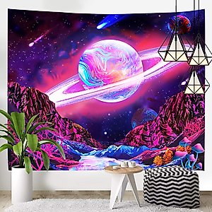 Hexagram Psychedelic Planet Tapestry - Space Galaxy Tapestry Wall Hanging - Black Light Poster - Trippy Mountain Wall Tapestry for Bedroom Aesthetic Home Room Decor - Purple Space Decor- 59x83 Inch
