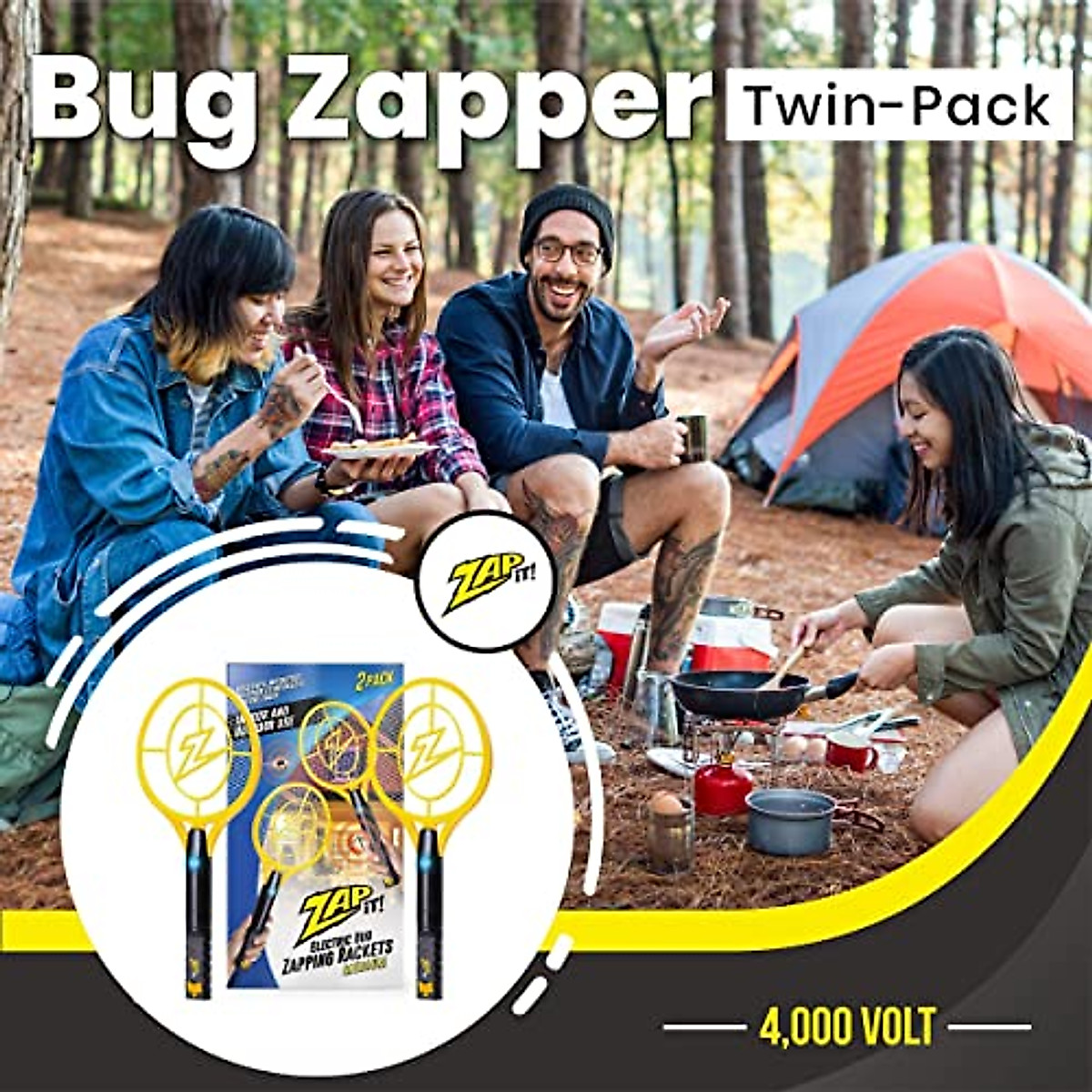 ZAP iT! Electric Fly Swatter Racket & Mosquito Zapper with Blue Light Attractant - High Duty 4,000 Volt Electric Bug Zapper Racket - Fly Killer USB Rechargeable Fly Zapper Indoor Safe - 2 Pack, Yellow