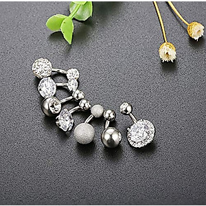 FUNRUN JEWELRY 7PCS 14G 6MM 1/4 Inch 316L Surgical Steel Belly Button Rings Belly Earring CZ Navel Rings Barbell Body Piercing Jewelry (A:Silver tone)