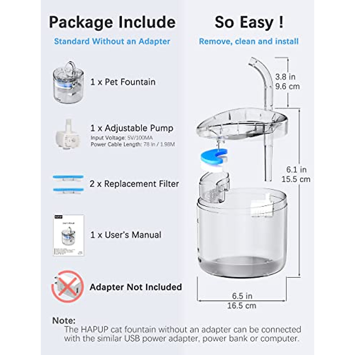 HAPUP Cat Water Fountain Animal Water Dispenser 61OZ/1.8L Automatic Pet Drinking Fountain Clear Upgrade with 2 Filter Replacement 1 Adjustable Silent 1 Water Pump for Cats Kitty Indoor