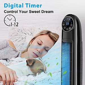 Air Choice Evaporative Cooler with Remote, 48" Bladeless Cooling Tower Fan with 3 Speed & 3 Modes, Quiet High Velocity Tower Fan Air Conditioner with LED screen, Tail Fan with 12 Hours Timer