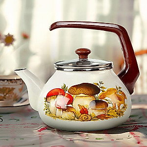 Enameled Aluminum Tea Kettle Mushrooms Enamel Kettle 2.3-qt. (2.2 L) Hot Water TeaKettle pot for Stovetop Teapot Ideal for Camping