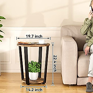 EKNITEY Wood Round End Table - 19.7" Dia. Side Table with Storage Small Table with Sturdy Metal Frame for Living Room Bedroom Couch Snack and Sofa 2-Tier