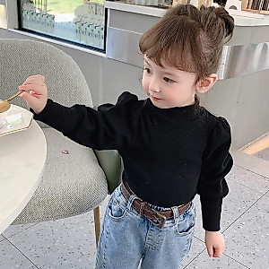 Kid Toddler Baby Girl Basic Solid Turtleneck T-Shirt Blouse Top Puff Long Sleeve Pullover Fall Winter Clothes (Black, 7-8 Years)