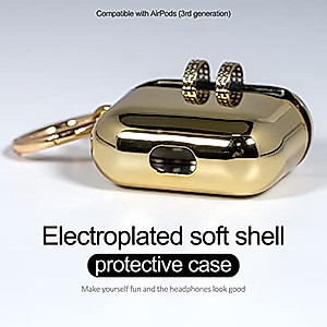 AirPods 3 Case Cover, Shiny Plated TPU Protective Accessories with Keychain Compatible with Apple AirPod 3rd Generation 2021 for Women Men Girls Boys,One-Piece [Front LED Visible]- Gold