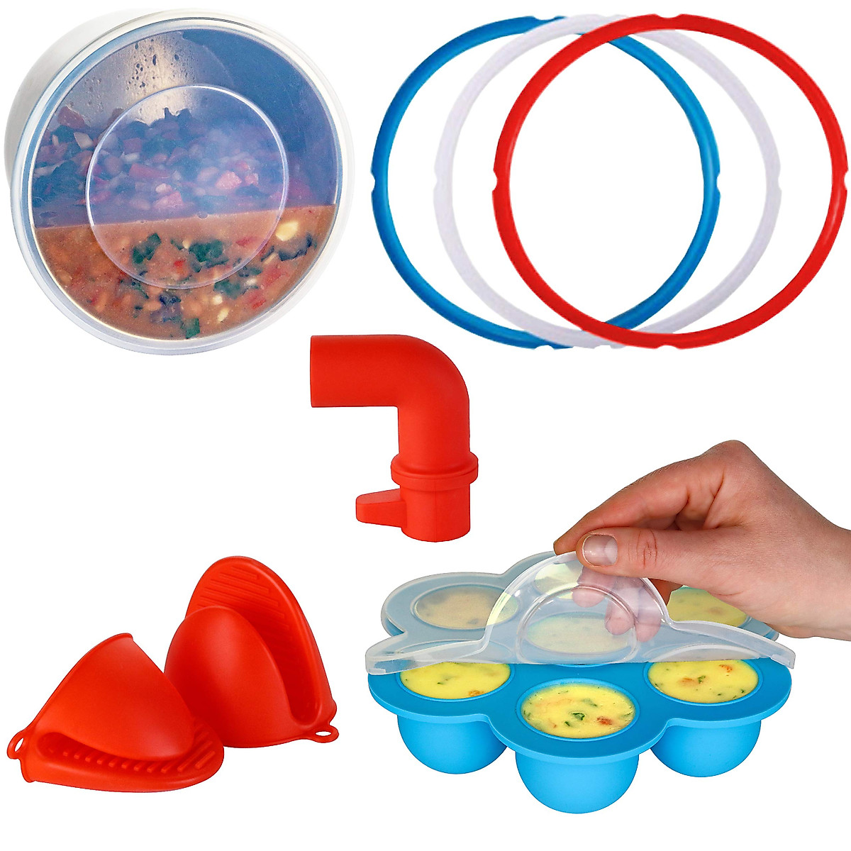 UPGRADED - Silicone Accessories For Instant Pot 5 & 6 Quart: Silicone Lid, 3 Silicone Sealing Rings, Silicone Egg Bites Mold, Mitts, Steam Diverter - 100% AUTHENTIC SILICONE - BPA-FREE, PVC-FREE