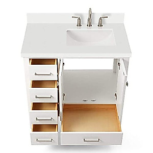 ARIEL 37" White Bathroom Vanity with 1.5" Edge Pure White Quartz Countertop & Backsplash, Right Rectangular Sink, 2 Soft Closing Doors, 5 Full Extension Dovetail Drawers, Brushed Nickel