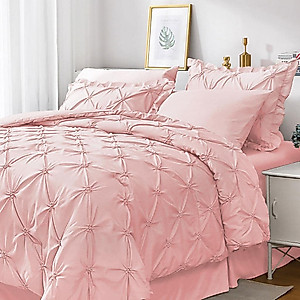 JOLLYVOGUE Queen Comforter Set 7 Pieces, Pink Bed in a Bag Comforter Set for Bedroom, Bedding Comforter Sets with Comforter, Sheets,Ruffled Shams & Pillowcases
