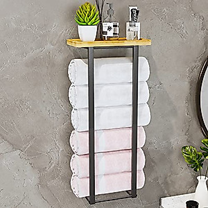 Towel Racks for Bathroom, Towel Rack Holder Wall Mounted Towel Storage, Homeiju Metal Towel Holder with Bamboo Shelf, Wall Towel Storage Rack Shelf for Rolled Towels, Black