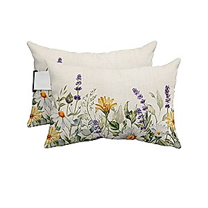 Recliner Head Pillow Ledge Loungers Chair Pillows with Insert Daisy Spring Plants Leaf Lavender Retro Linen Texture Summer Lumbar Pillow with Adjustable Strap Patio Cushion for Bench Couch, 2 PCS