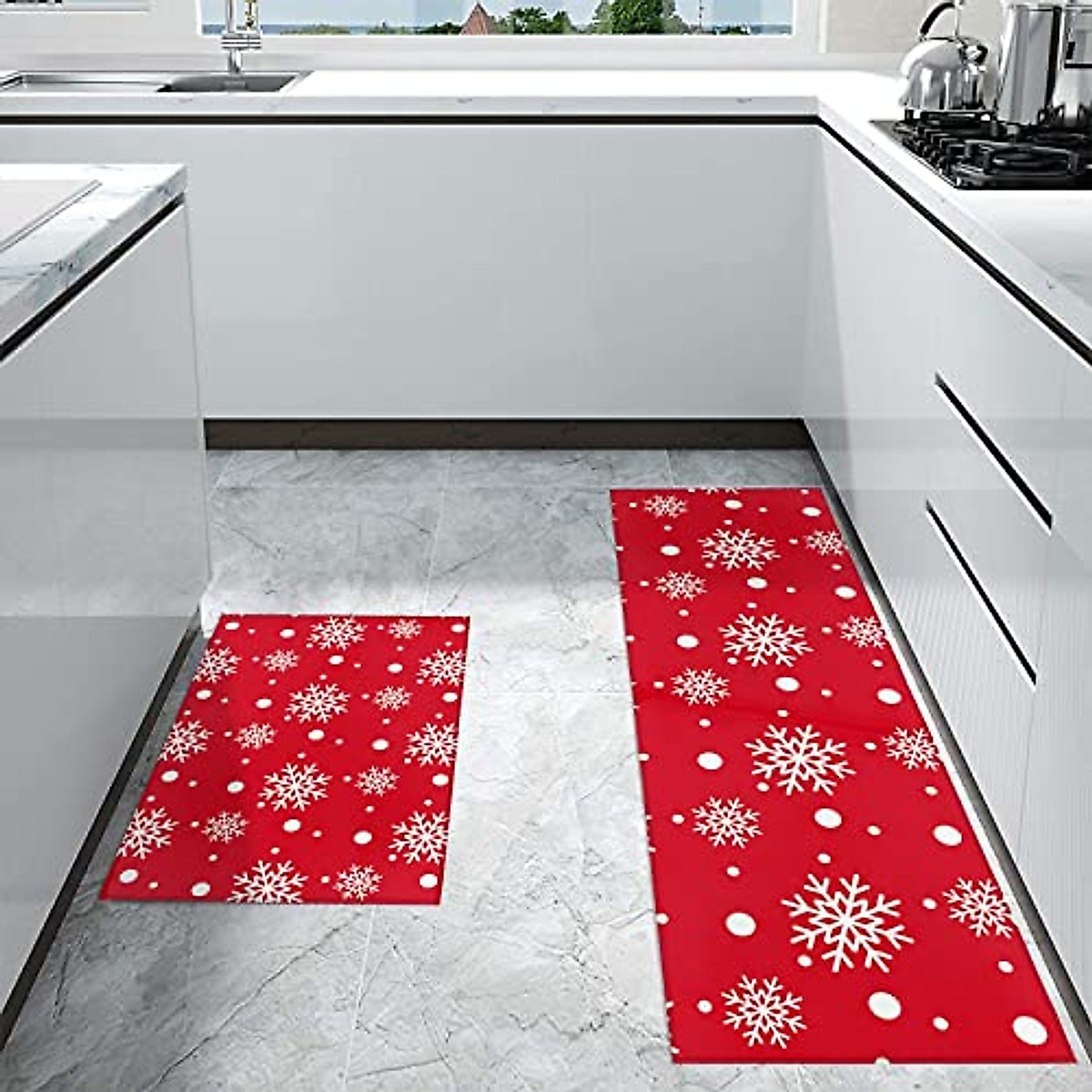 Miaklek Red Snowflakes Rugs for Kitchen Floor, Farmhouse Kitchen Mats Cushioned Anti Fatigue 1 Piece Set, Anti-Fatigue Mats Kitchen Runner Rug 18x47.2in, Seasonal Winter Christmas Holiday Decorations