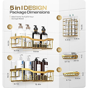 Luxury Style Stainless Steel Shower Caddy Set - Rustproof, Durable, and Adhesive Hanging Bathroom Organizer Kit with 5 Pieces | Shower Caddy Organizer | Bathroom Decor (Luxury Gold)