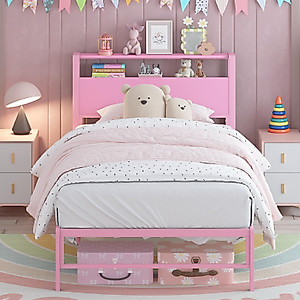 Weehom Twin Bed Frames for Kids with 2 Tiers Wood Storage Shelves Headboard, Twin Size Bed No Box Spring Needed Under Bed Storage Space Metal Platform for Girls and Adults, Pink