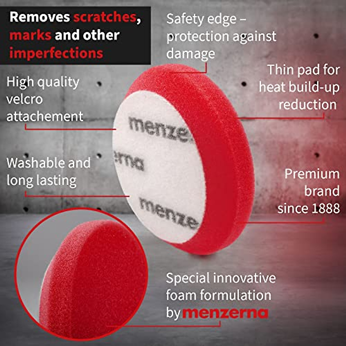 menzerna 3.5 Inch 2X Premium Polishing Pads Heavy Cut for Scratch Repair I Body Repair and Detailing Pads with Safety Edge & Velcro Attachment I Washable & Long Lasting