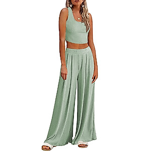 Ekouaer Women's Pajamas 2 Piece Lounge Set Ribbed Knit Loungewear Sleeveless Tank Top Wide Leg Pants,Light Green,L