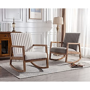 CIMOO Rocking Armchair for Nursery Mid Century Modern Recliner Accent Chair Comfy Lounge Arm Chair for Bedroom/Living Room, Linen Beige, rocking chair-linen