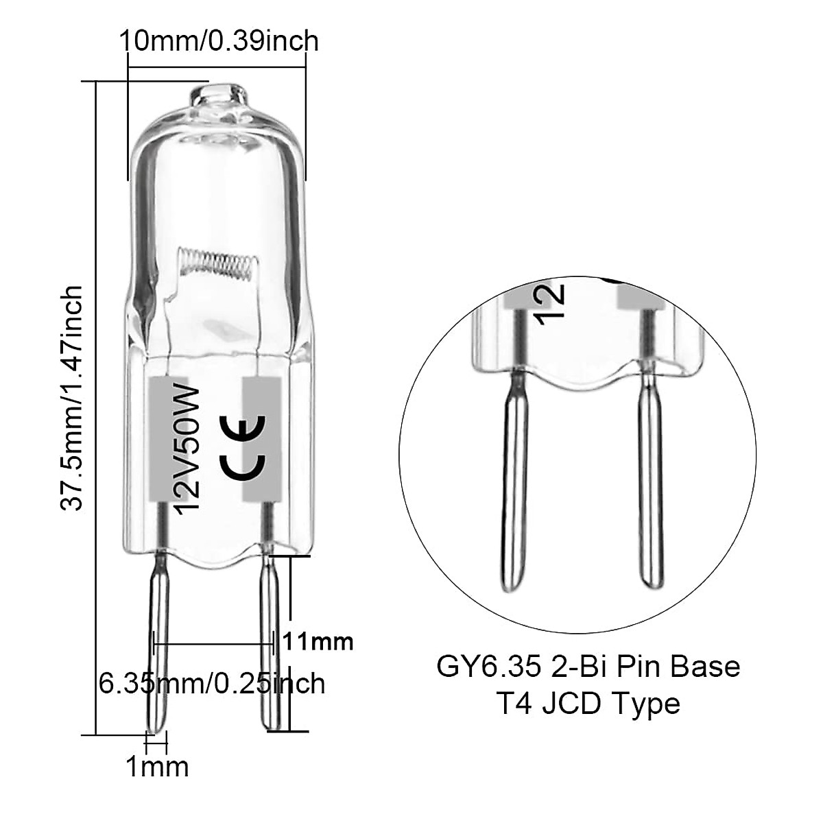 haraqi 12 Pack GY6.35 Halogen Bulbs Bi-Pin 12 Volt 50 Watt, Replacement T4 Tubular JCD Type Bulbs for Ceiling Lights,Table Light,Cabinet Lights