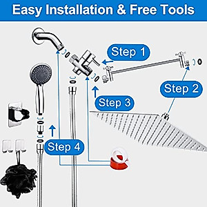 12"High Pressure Rainfall Shower Head with Handheld Spray Combo, Square Waterfall Shower Heads, 5Settings Chrome Showerhead Spray with Holder, 13"Adjustable Extension Arm, 59"Stainless Steel Hose