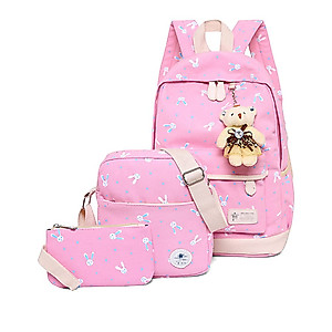 Canves School Bag Set Primary 3Pcs Student Backpack Elementary BookBag with Plush Doll