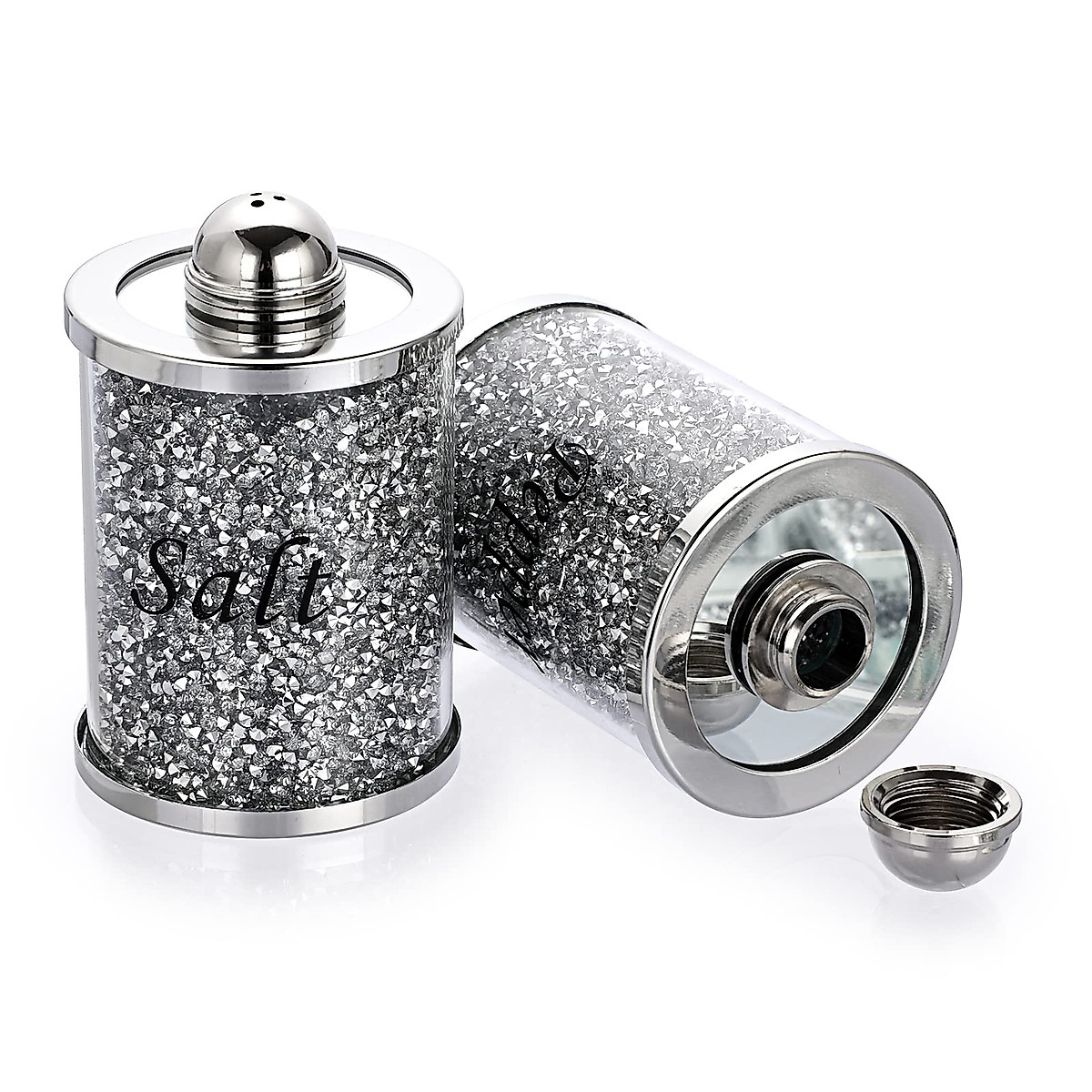 JUXYES Crushed Diamond Salt and Pepper Shakers With Tray, Luxurious Diamond Style Salt Pepper Shaker, Bling Glass Salt and Pepper Shakers, Sparkly Salt Pepper Glass Jar for Dining Table, Restaurant