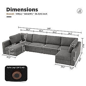 HONBAY Oversized Modular Sectional Sofa Reversible U Shaped Sectional Couch with Wide Chaise Modular Sofa with Storage Seat, Light Grey