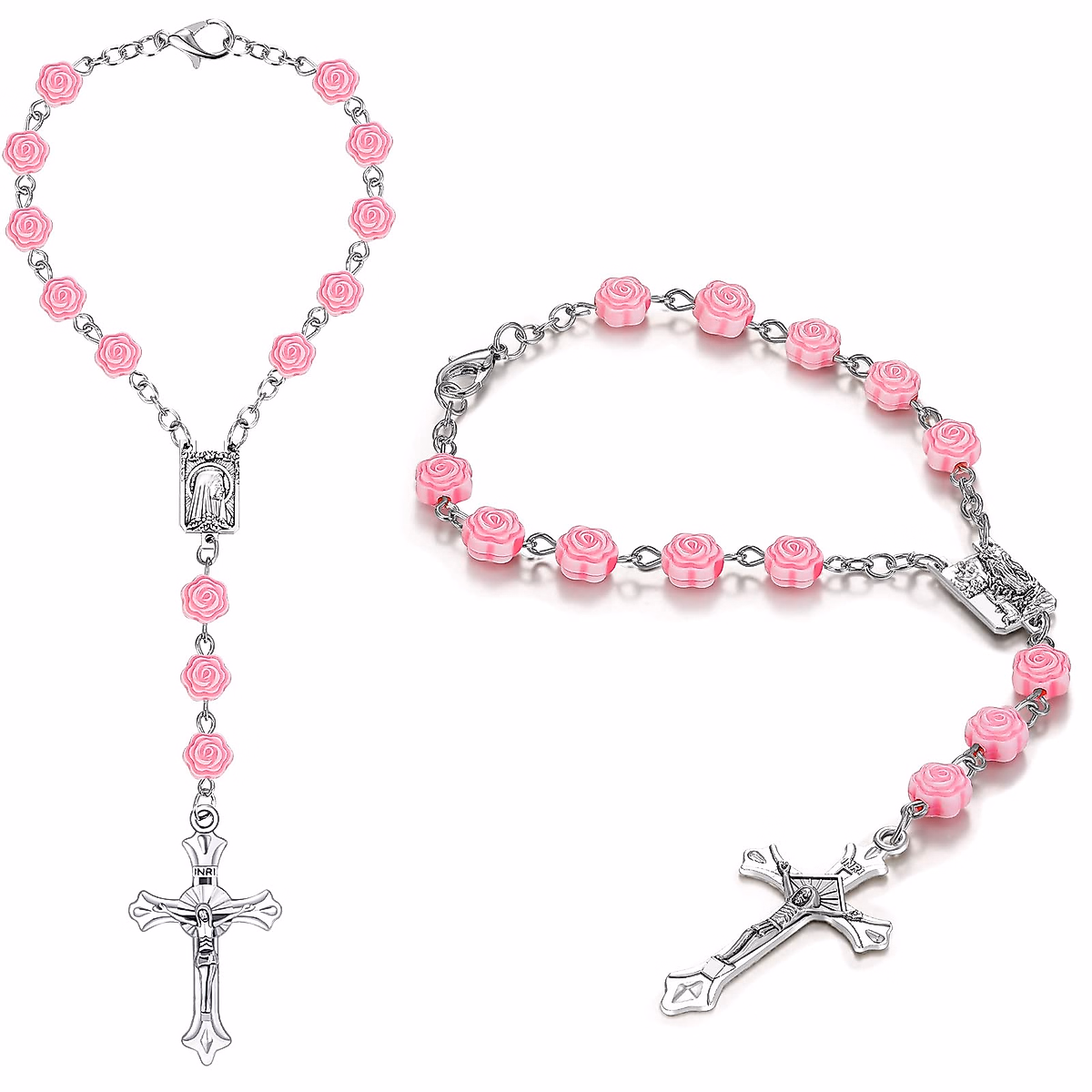 Konohan 2 Pieces Car Rosary Rearview Mirror Auto Rosary Religious Car Mirror Hanging Accessories for Automotive Personalized Protection Charm for Auto Decors(Rose,Pink)