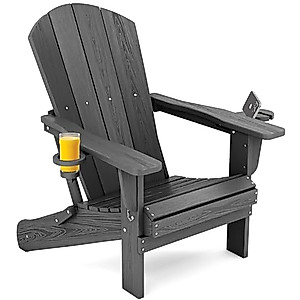SERWALL Foldable Adirondack Chair, HDPE Adirondack Chair with Wood-Texture-Gray
