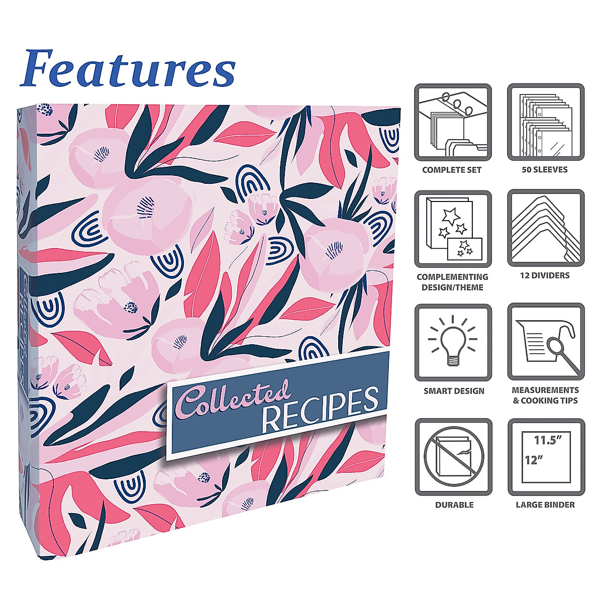 Better Kitchen Products Recipe Binder, Full Page 3 Ring Standard Binder Organizer Set (with 50 Page Protectors & 12 Category Divider Tabs) 11.5" x 12" Floral Design