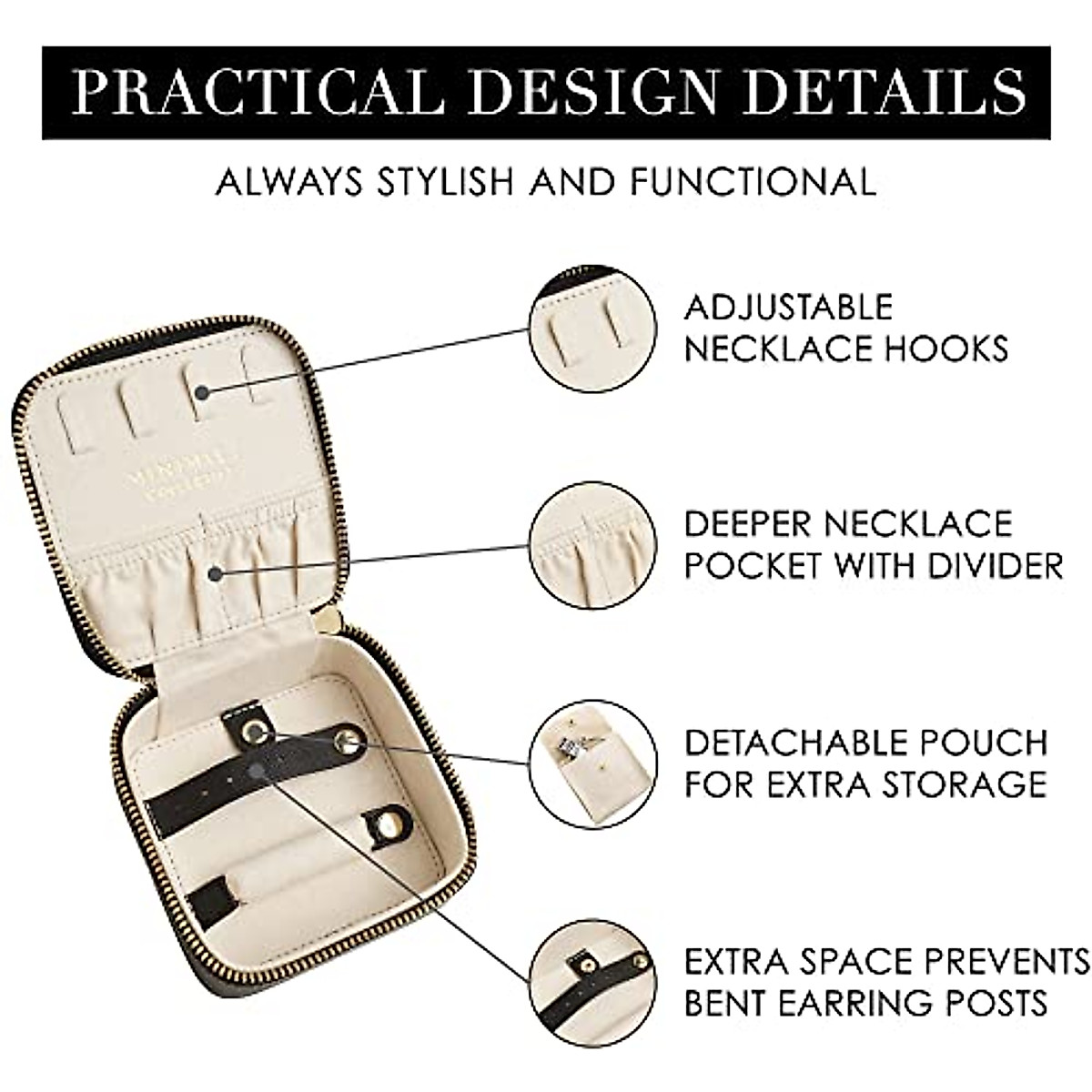 Minimale Collective Travel Jewelry Case | Small Jewelry Box | Genuine Leather Travel Jewelry Organizer for Necklaces, Earrings & Rings with Detachable Pouch for Watches & Bracelets (Black Saffiano)